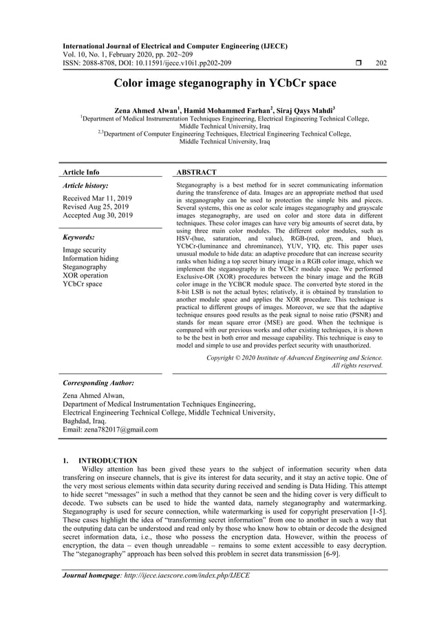 Color image steganography in YCbCr space | PDF