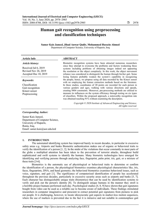 Human Gait Recognition Using Preprocessing And Classification Techniques Pdf