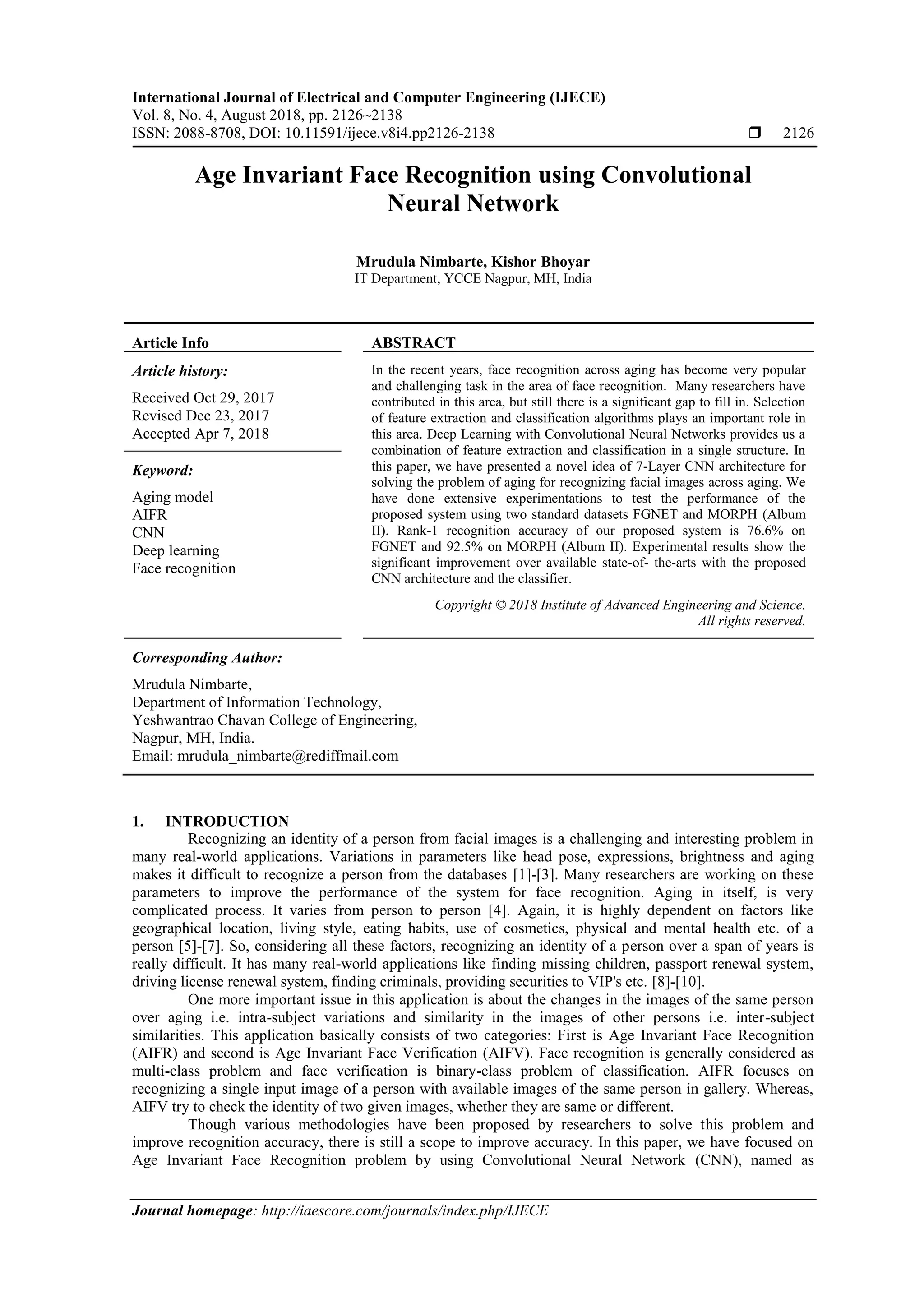 Age Invariant Face Recognition using Convolutional Neural Network | PDF