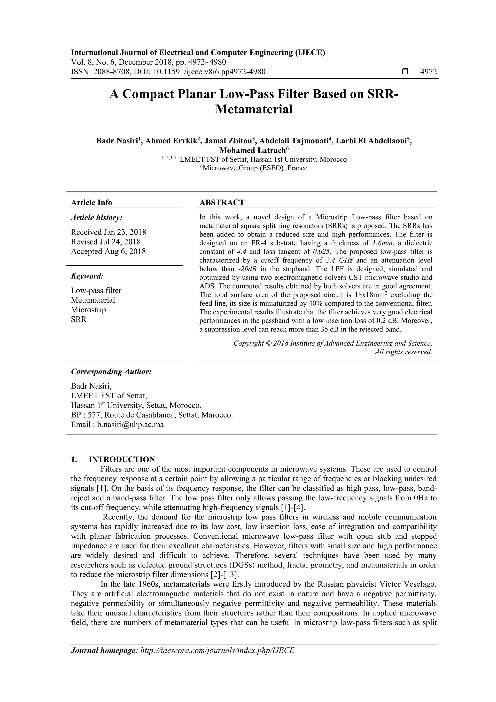 A Compact Planar Low-Pass Filter Based on SRRMetamaterial | PDF