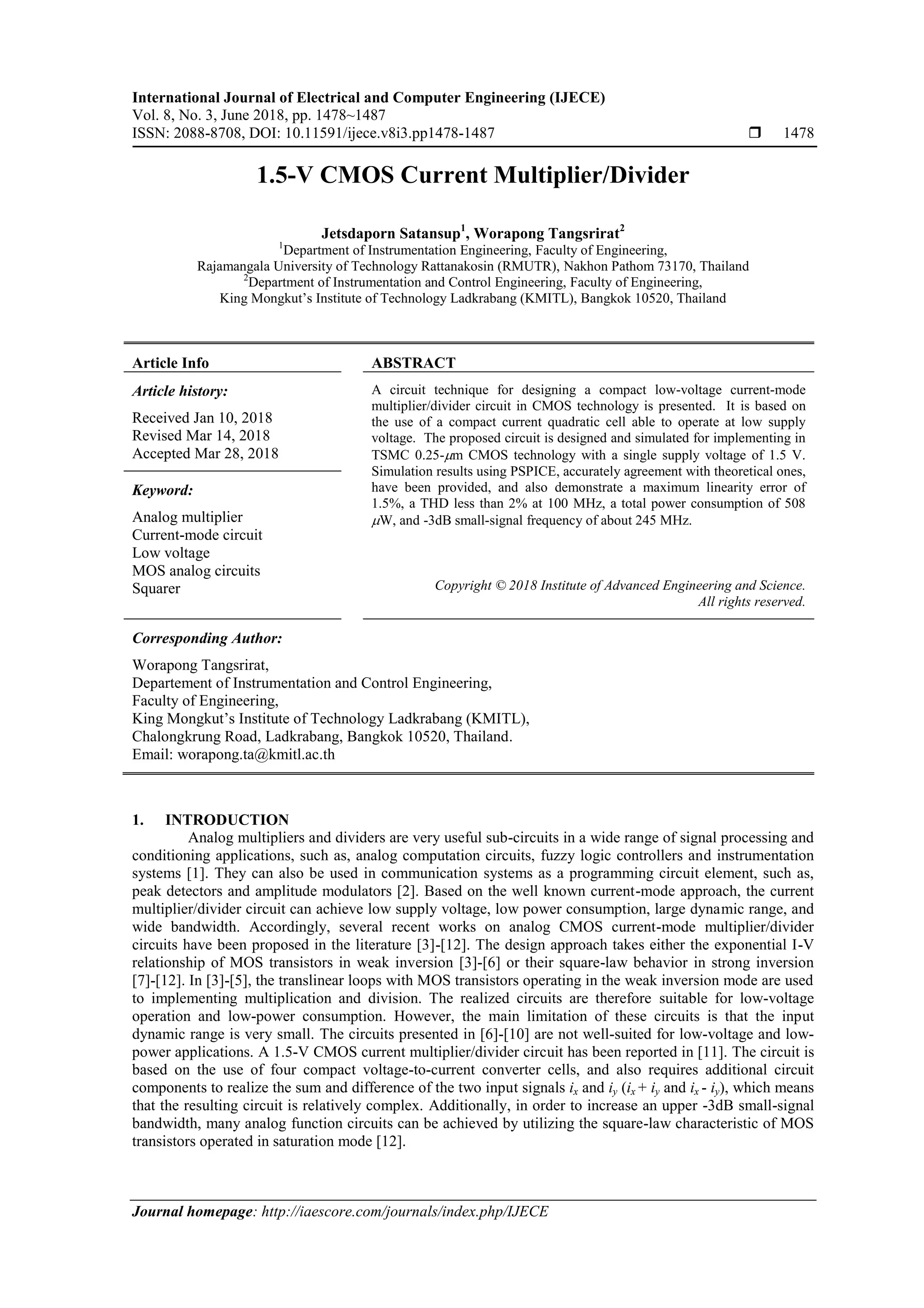 1.5-V CMOS Current Multiplier/Divider | PDF