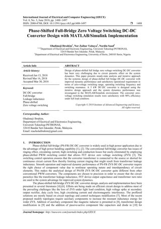 Phase-Shifted Full-Bridge Zero Voltage Switching DC-DC Converter Design ...