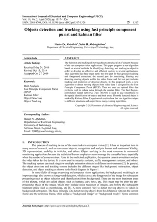 Objects detection and tracking using fast principle component purist and kalman filter | PDF