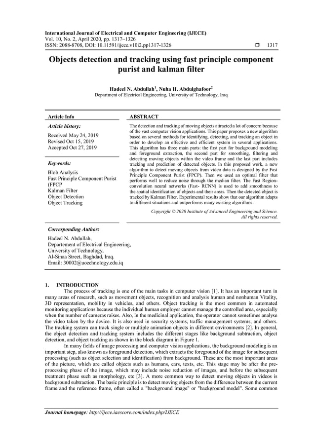 Objects detection and tracking using fast principle component purist and kalman filter | PDF