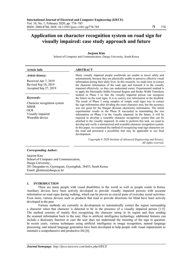 Application on character recognition system on road sign for visually ...