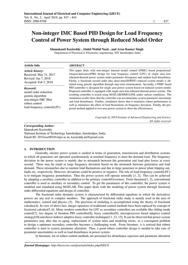 Non-integer IMC Based PID Design for Load Frequency Control of Power System through Reduced ...