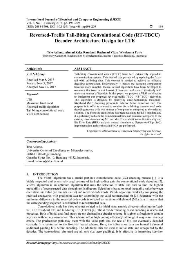 Reversed Trellis Tail Biting Convolutional Code Rt Tbcc Decoder Architecture Design For Lte Pdf