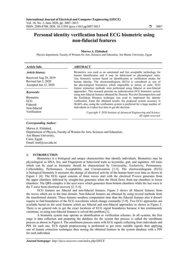 Personal identity verification based ECG biometric using non-fiducial features | PDF