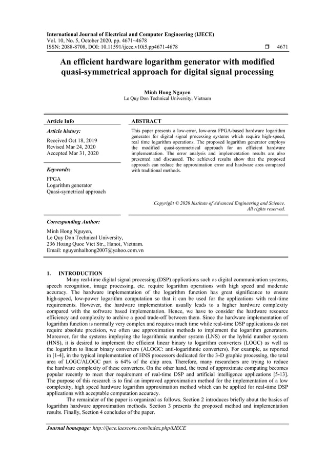 An efficient hardware logarithm generator with modified quasi-symmetrical approach for digital ...