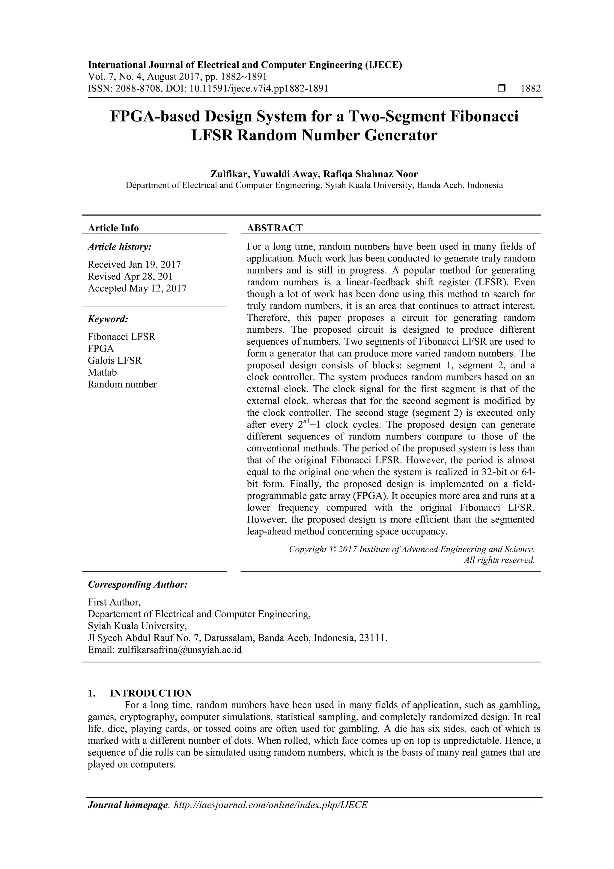 Fpga Based Design System For A Two Segment Fibonacci Lfsr Random Number Generator Pdf