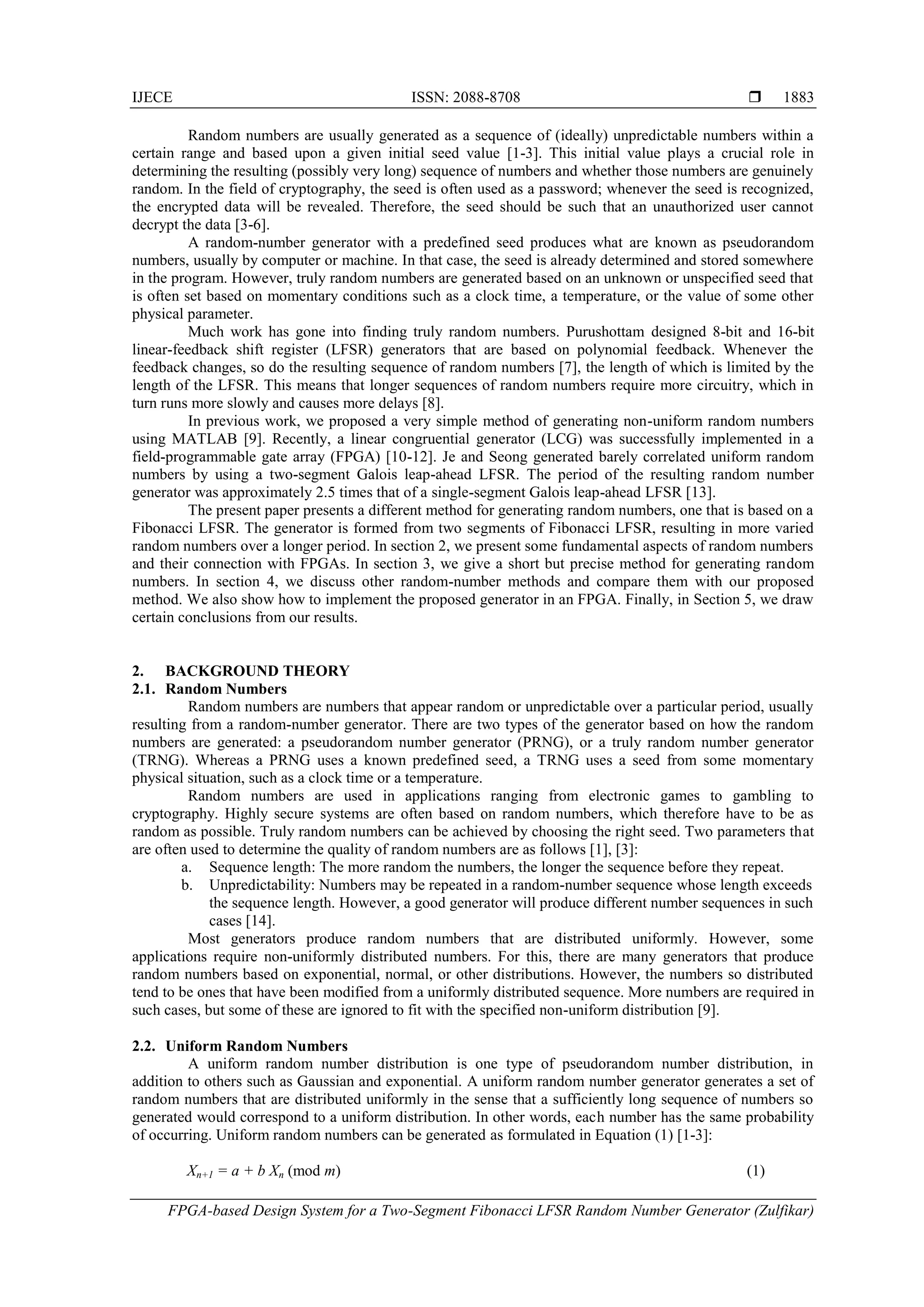 Fpga Based Design System For A Two Segment Fibonacci Lfsr Random Number Generator Pdf