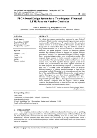 FPGA-based Design System for a Two-Segment Fibonacci LFSR Random Number Generator | PDF