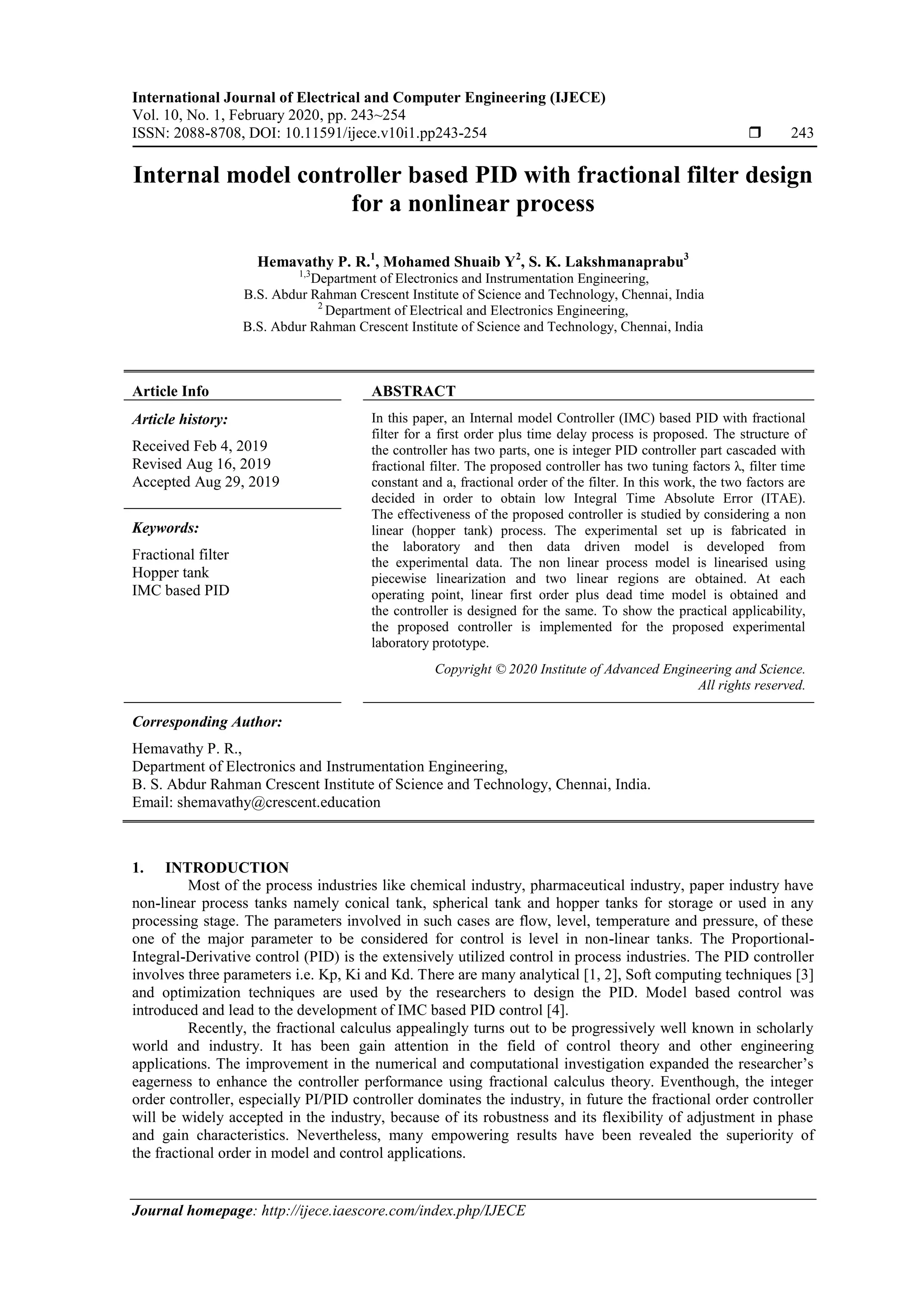 Internal Model Controller Based Pid With Fractional Filter Design For A Nonlinear Process Pdf