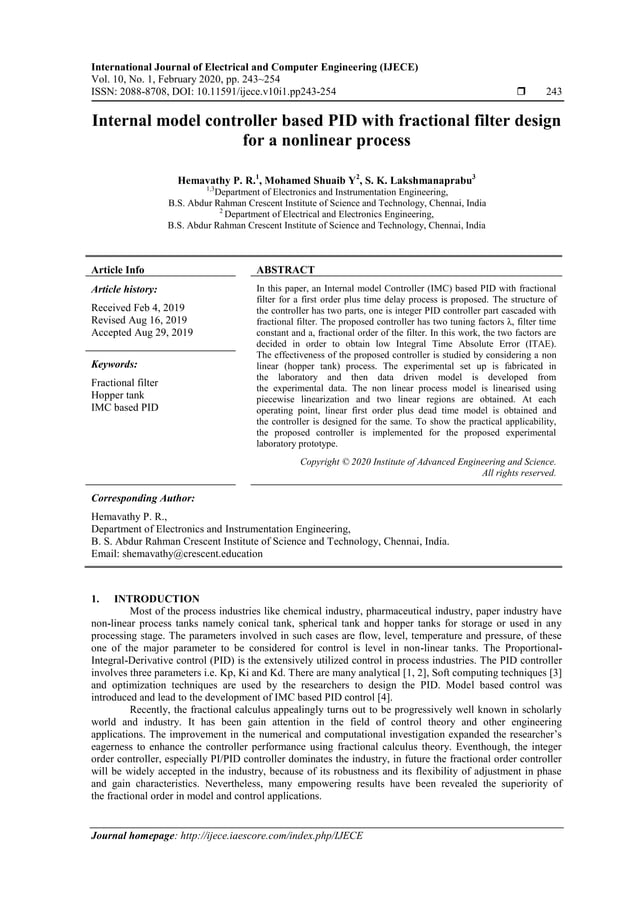Internal model controller based PID with fractional filter design for a nonlinear process | PDF