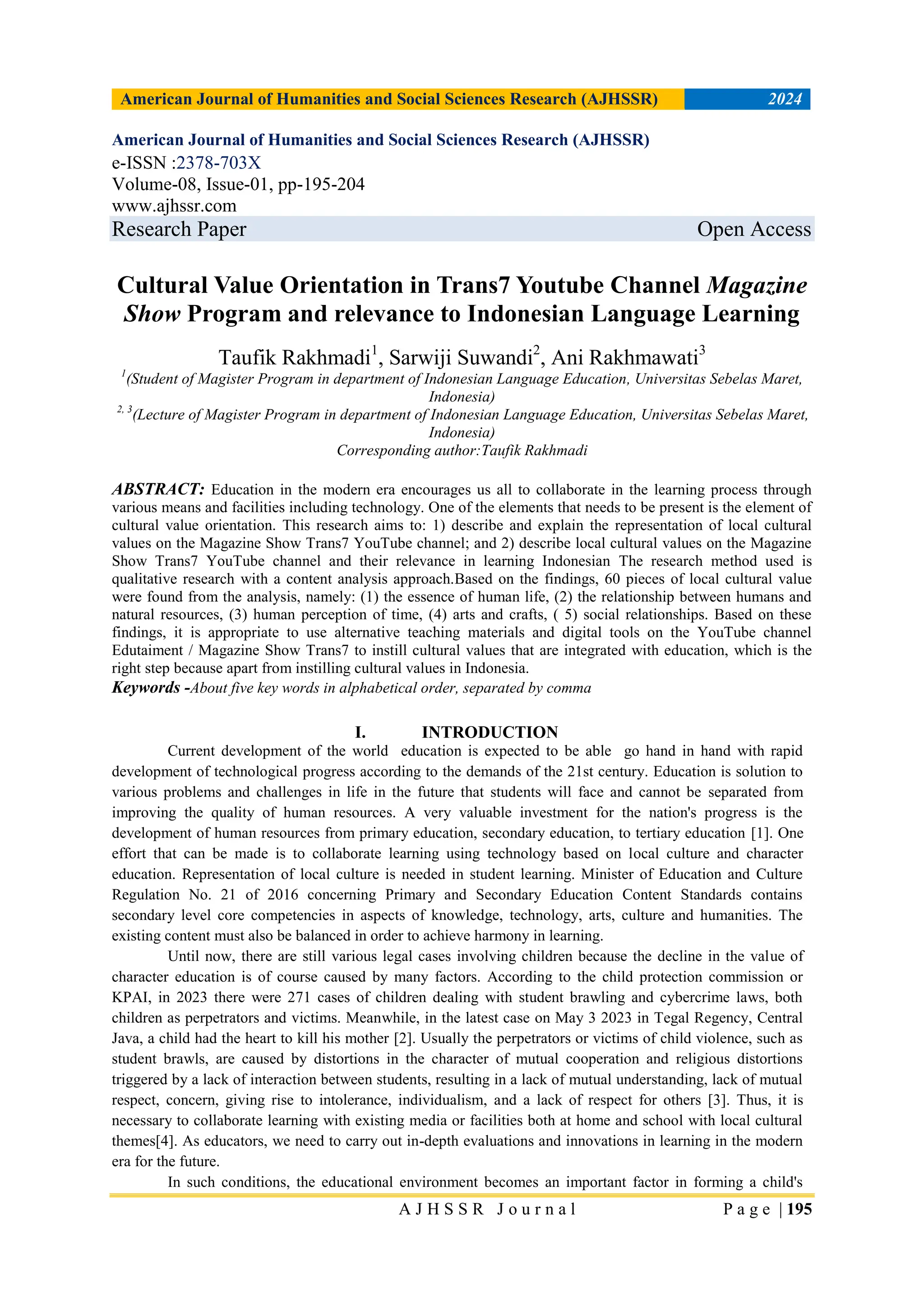 Cultural Value Orientation in Trans7 Youtube Channel Magazine Show Program and relevance to ...