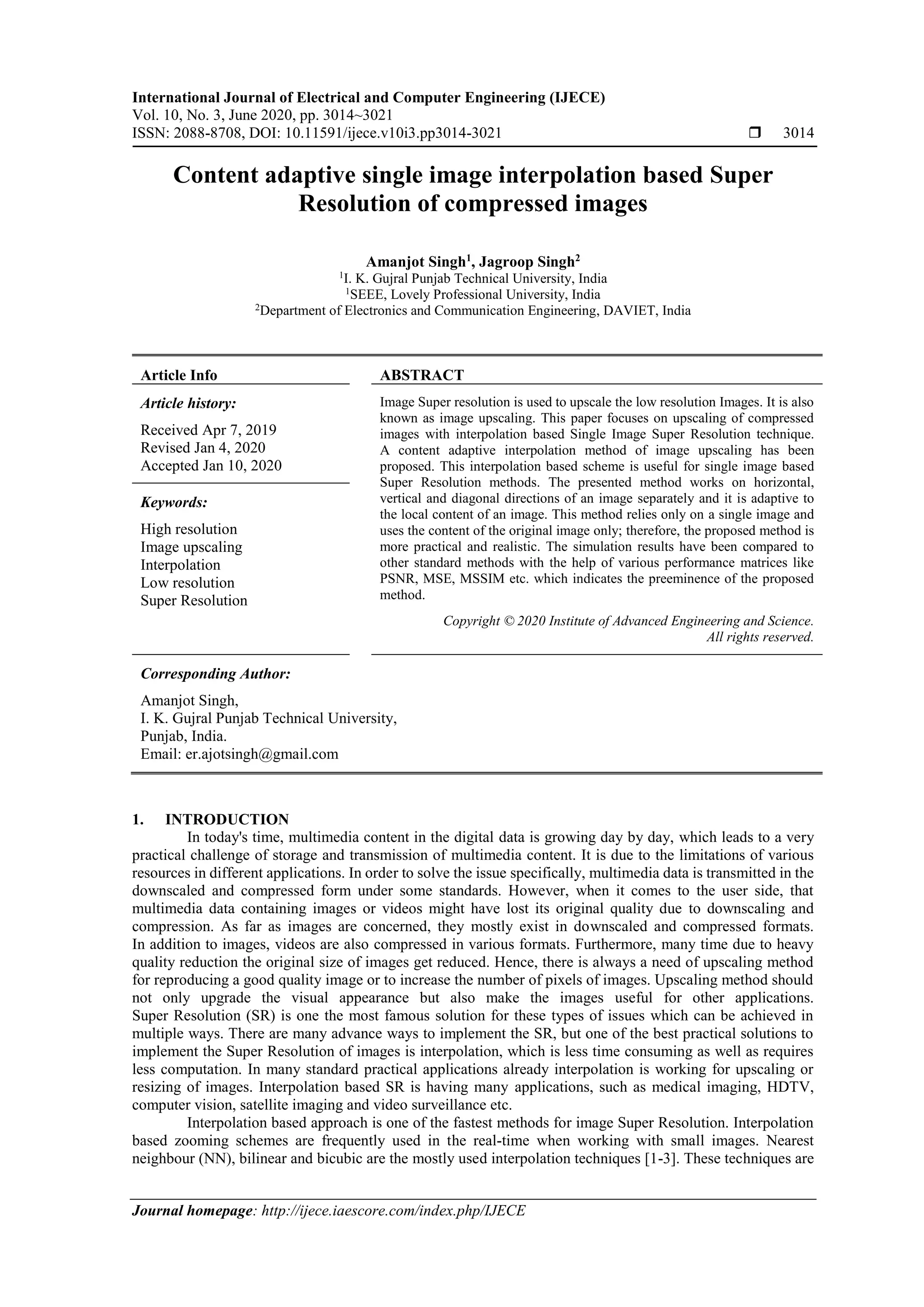 Content Adaptive Single Image Interpolation Based Super Resolution Of