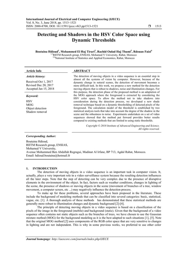 Detecting and Shadows in the HSV Color Space using Dynamic Thresholds | PDF Detecting and Shadows in the HSV Color Space using Dynamic Thresholds | PDF