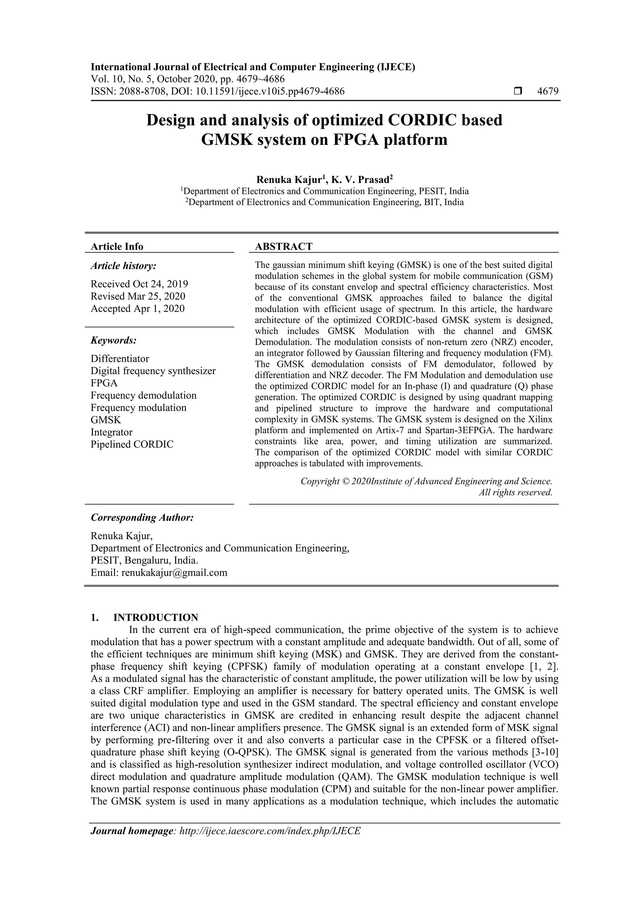Design and analysis of optimized CORDIC based GMSK system on FPGA platform | PDF