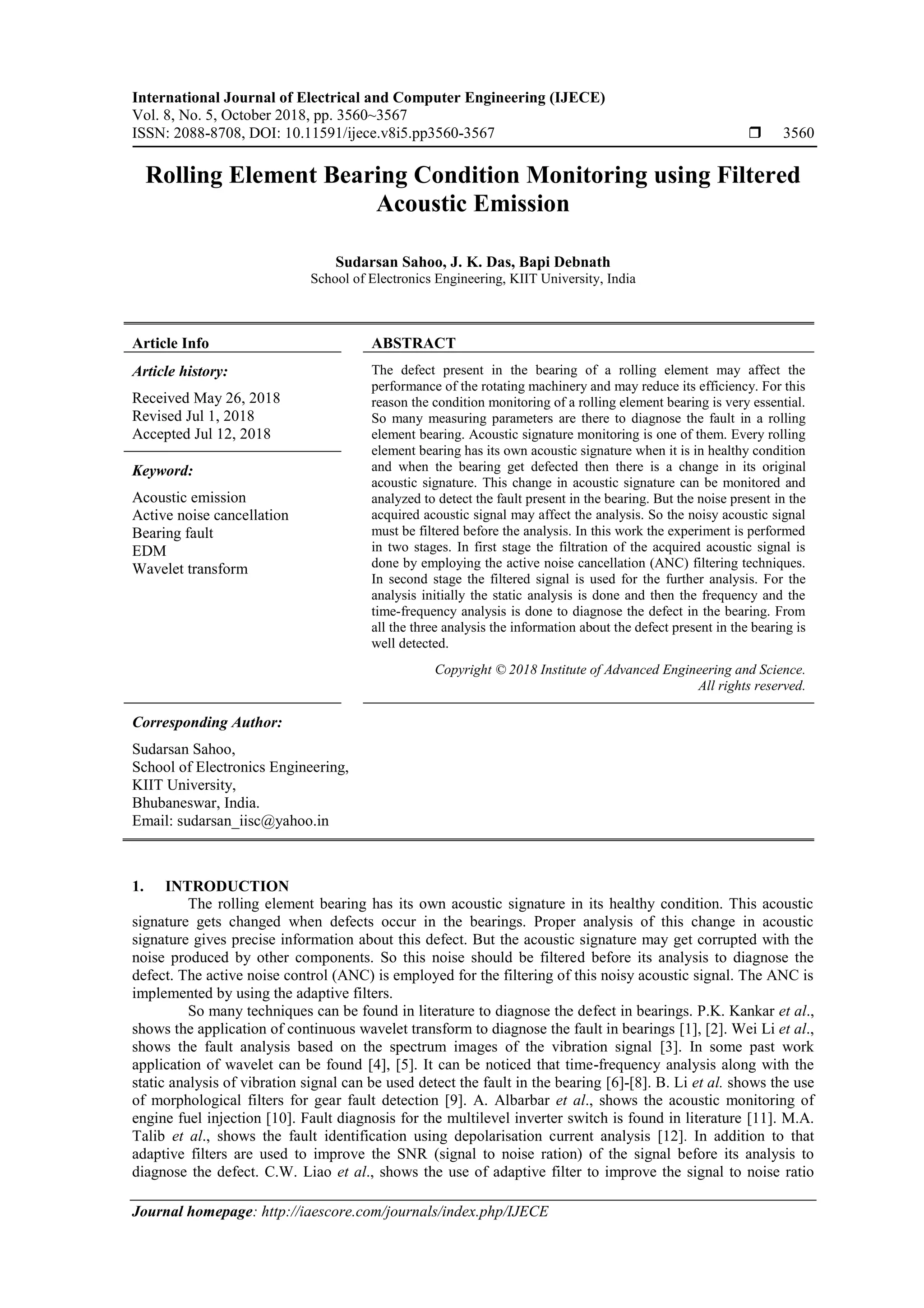 Rolling Element Bearing Condition Monitoring Using Filtered Acoustic