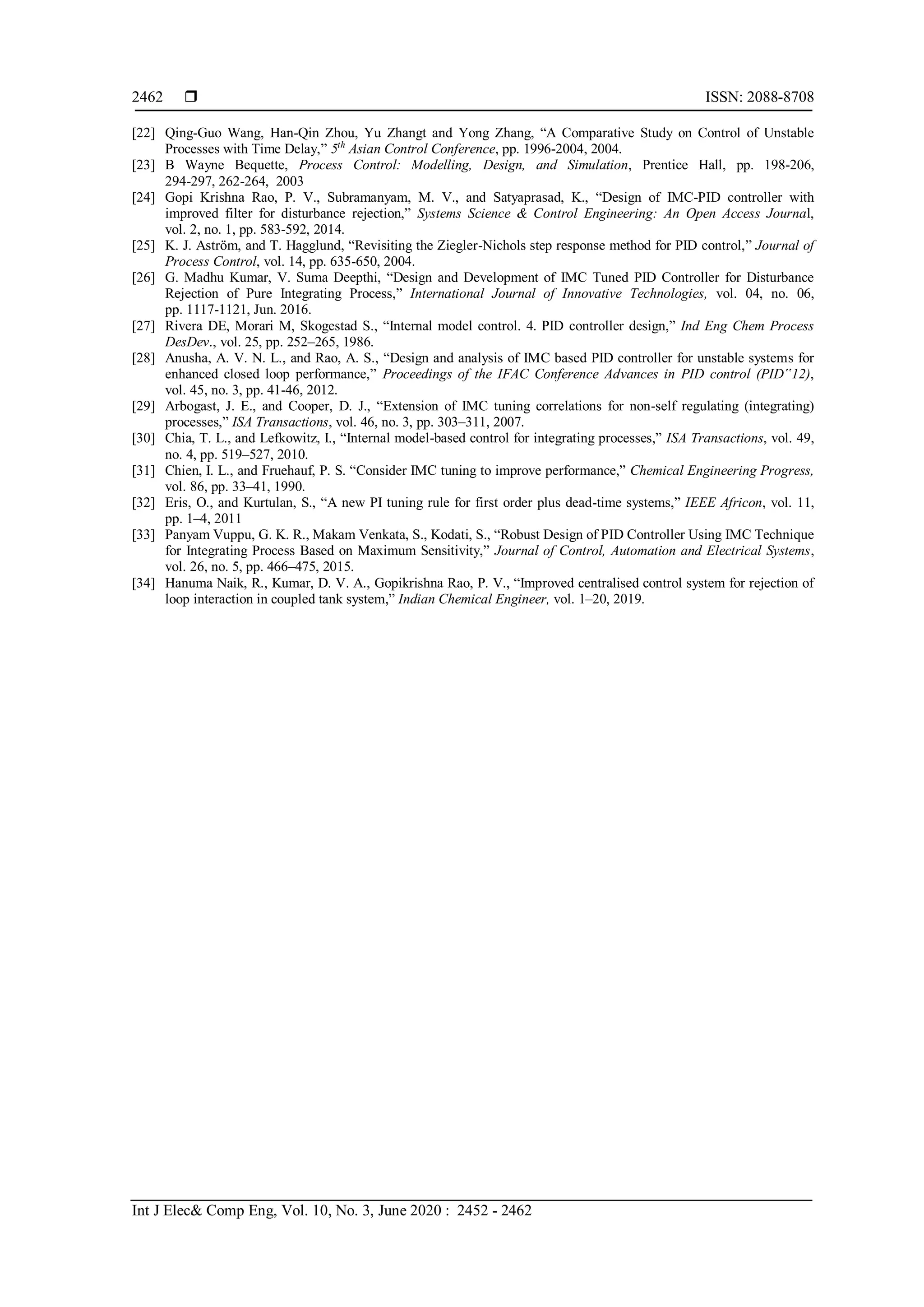 Optimised control using Proportional-Integral-Derivative controller tuned using internal model ...