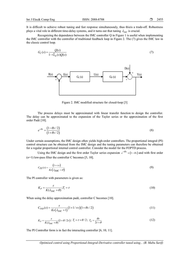 Optimised control using Proportional-Integral-Derivative controller tuned using internal model ...