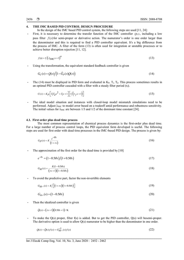 Optimised control using Proportional-Integral-Derivative controller tuned using internal model ...