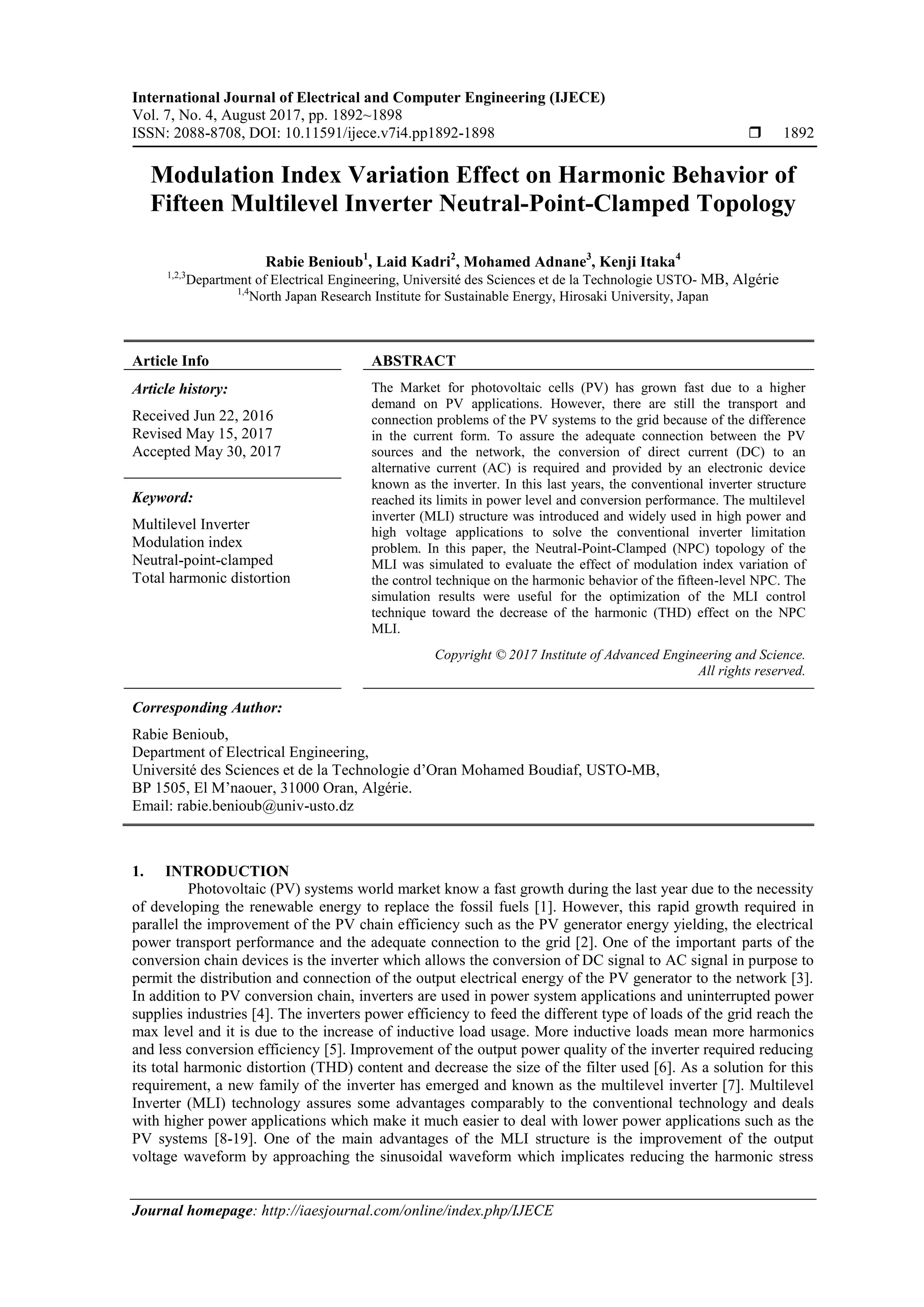 Modulation Index Variation Effect on Harmonic Behavior of Fifteen ...