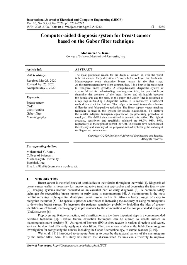 Computer-aided diagnosis system for breast cancer based on the Gabor filter technique | PDF