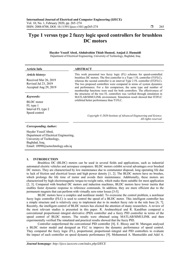 Type 1 Versus Type 2 Fuzzy Logic Speed Controllers For Brushless Dc Motors Pdf