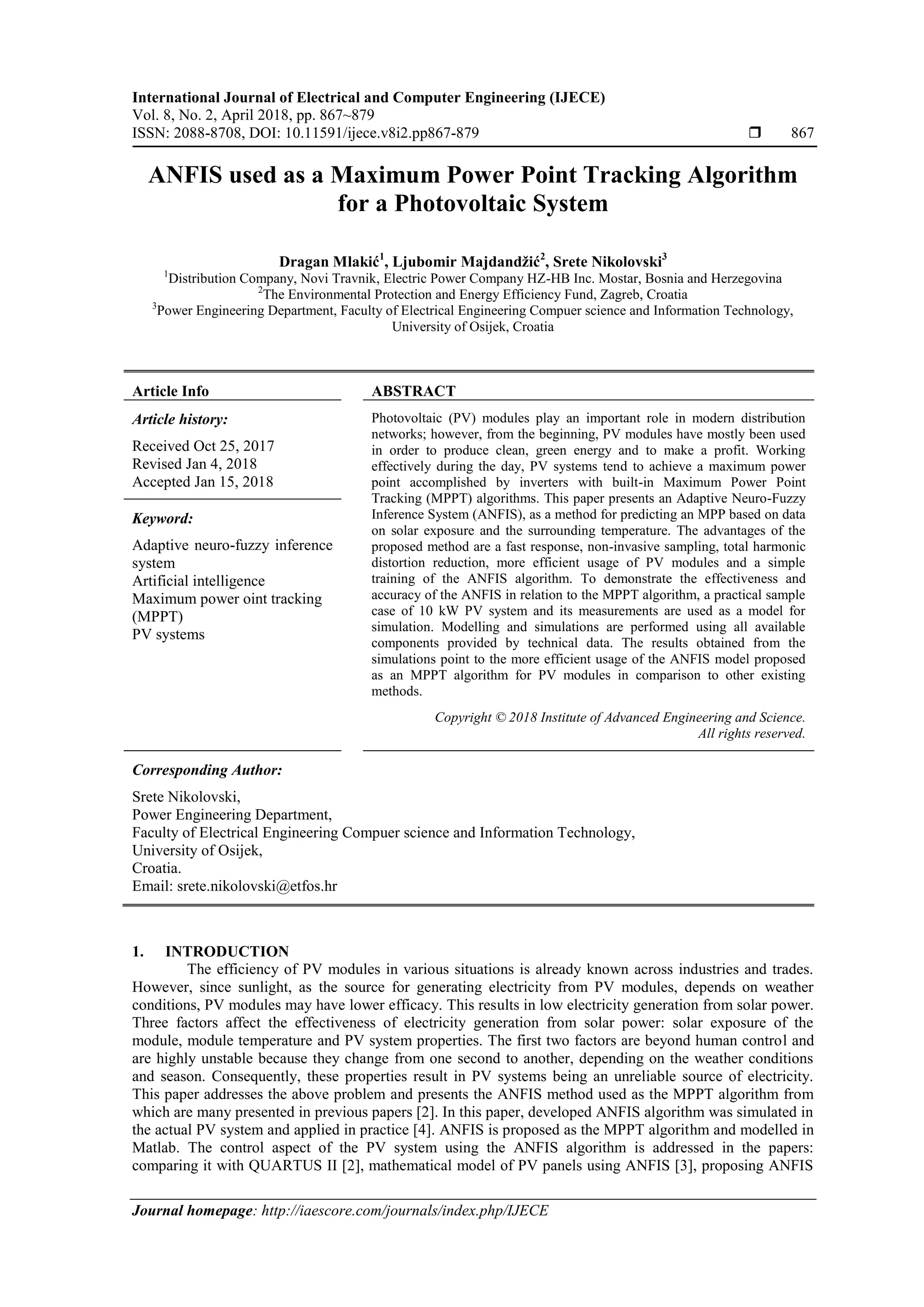 Anfis Used As A Maximum Power Point Tracking Algorithmfor A