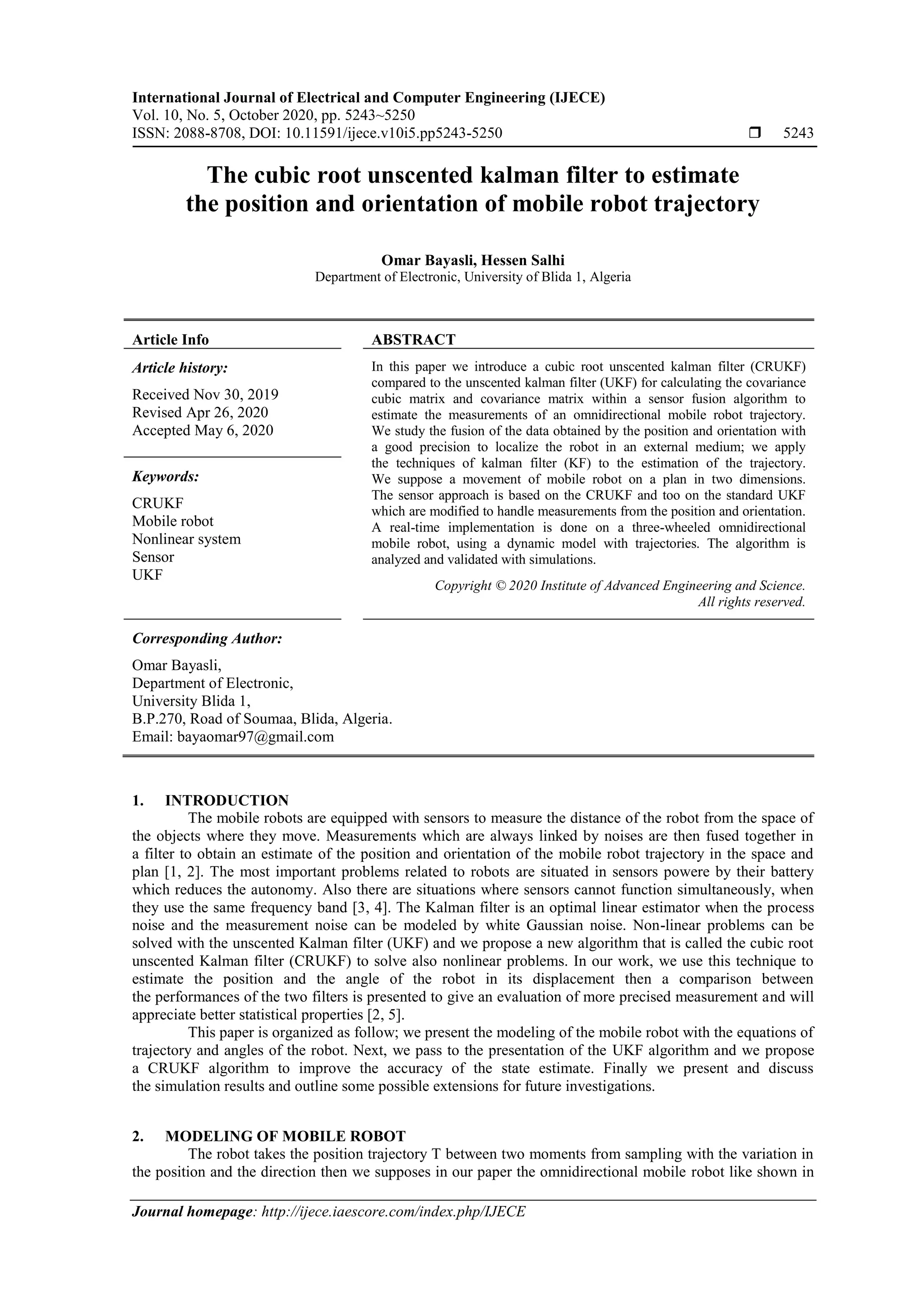 The cubic root unscented kalman filter to estimate the position and orientation of mobile robot ...