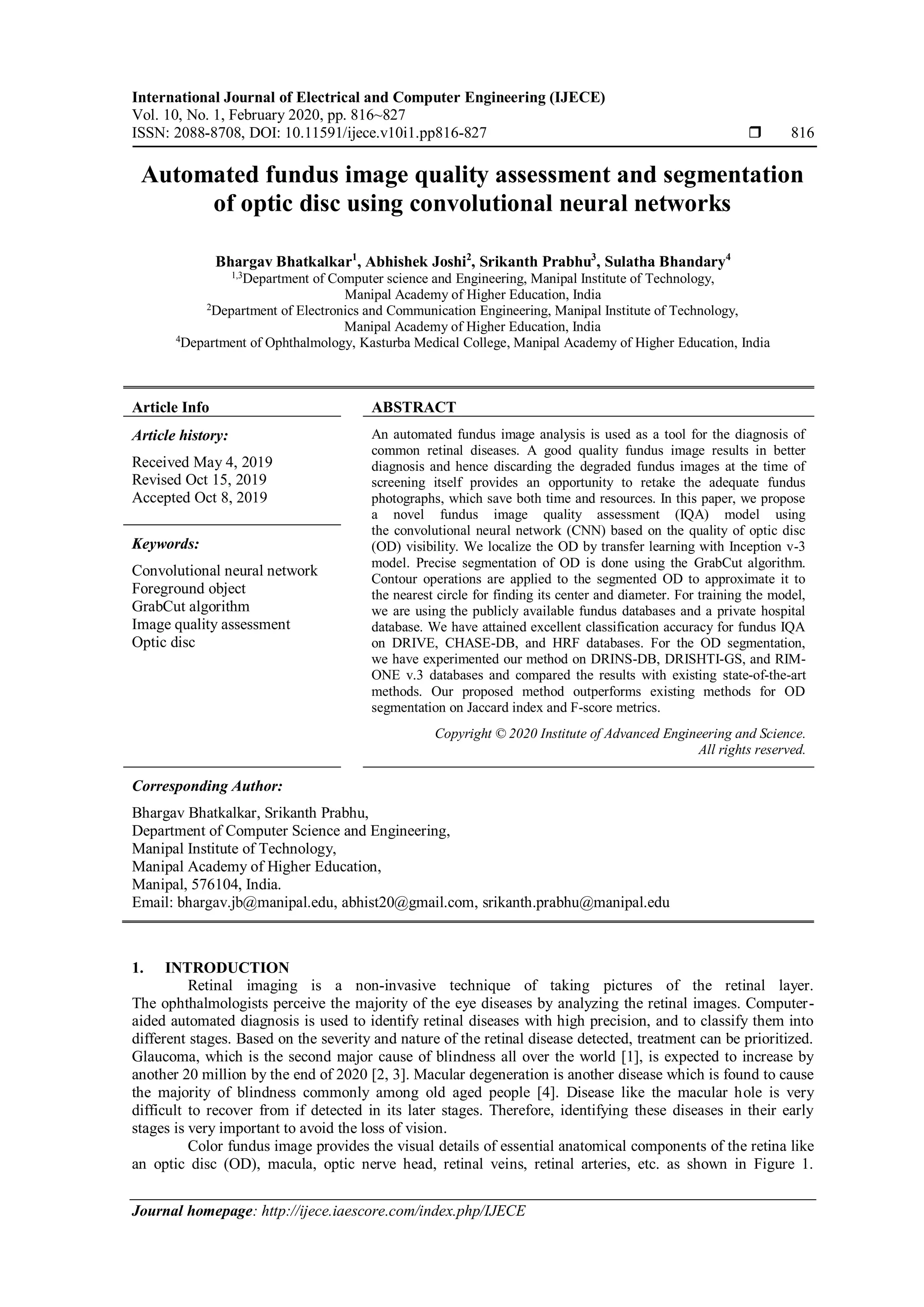 Automated Fundus Image Quality Assessment And Segmentation Of Optic Disc Using Convolutional
