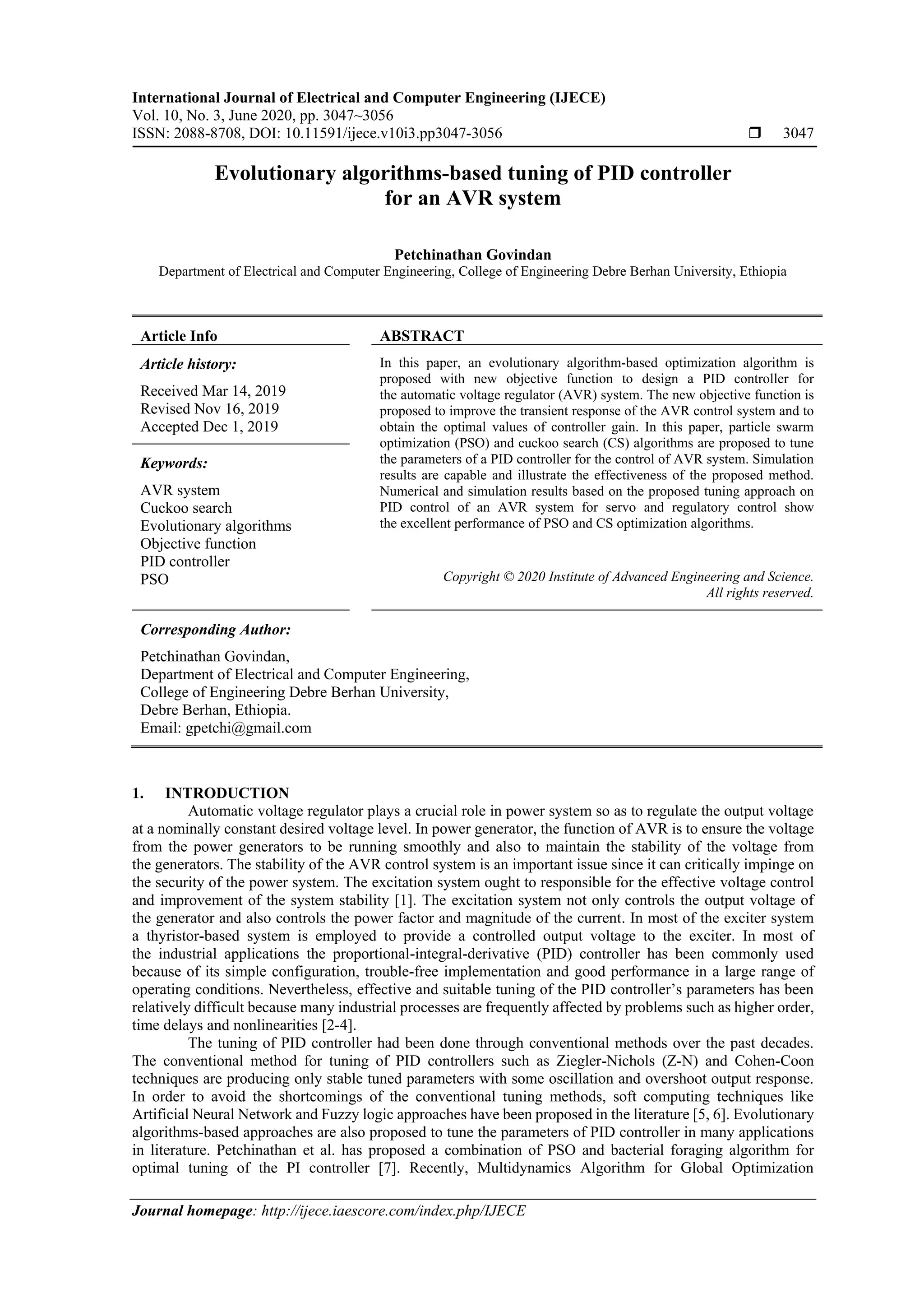 Evolutionary Algorithms Based Tuning Of Pid Controller For An Avr System Pdf 