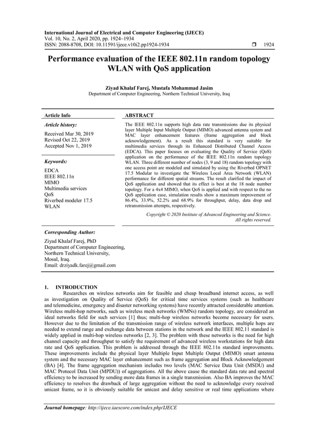 Performance Evaluation Of The Ieee 80211n Random Topology Wlan With Qos Application Pdf