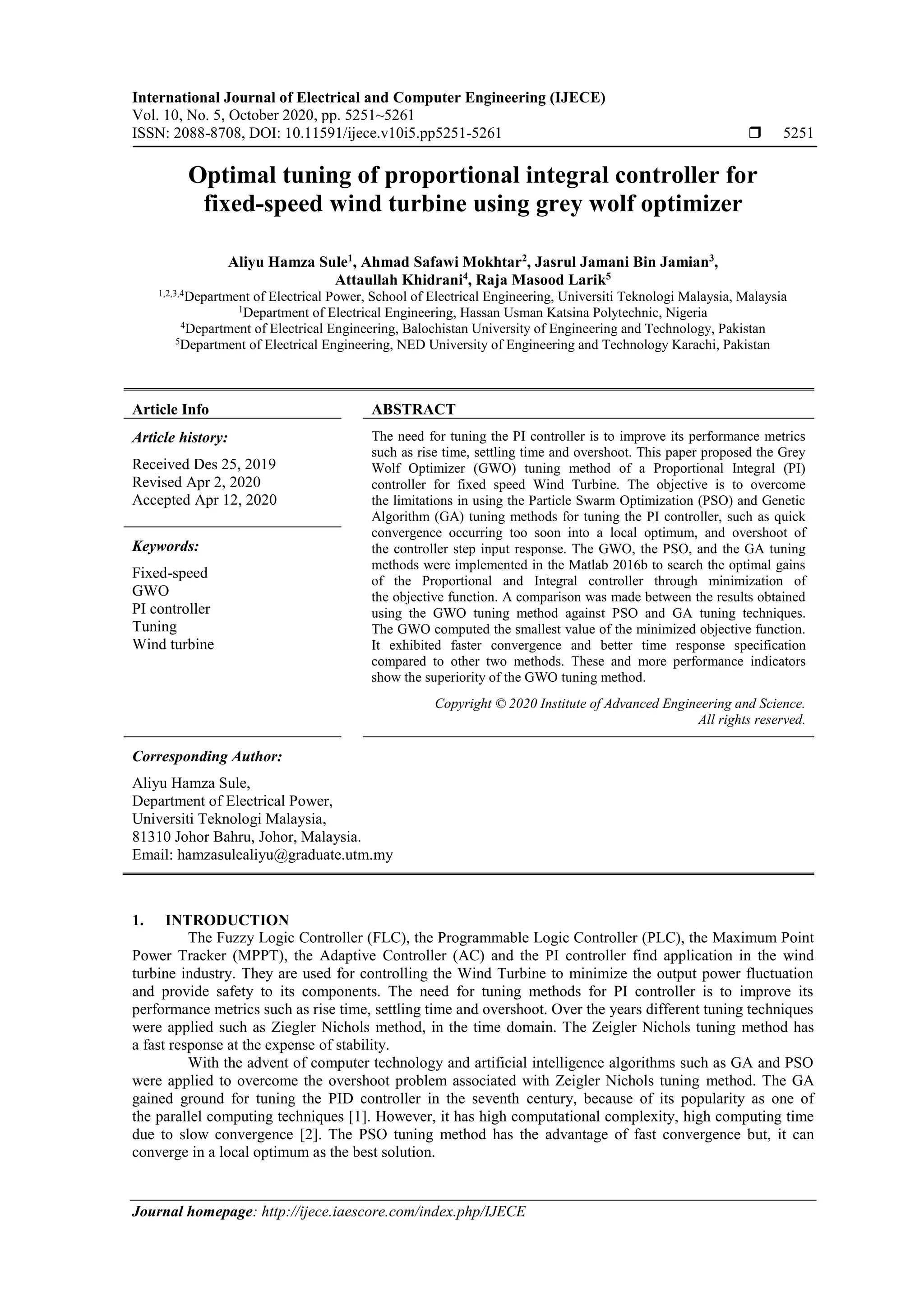 Optimal tuning of proportional integral controller for fixed-speed wind turbine using grey wolf ...