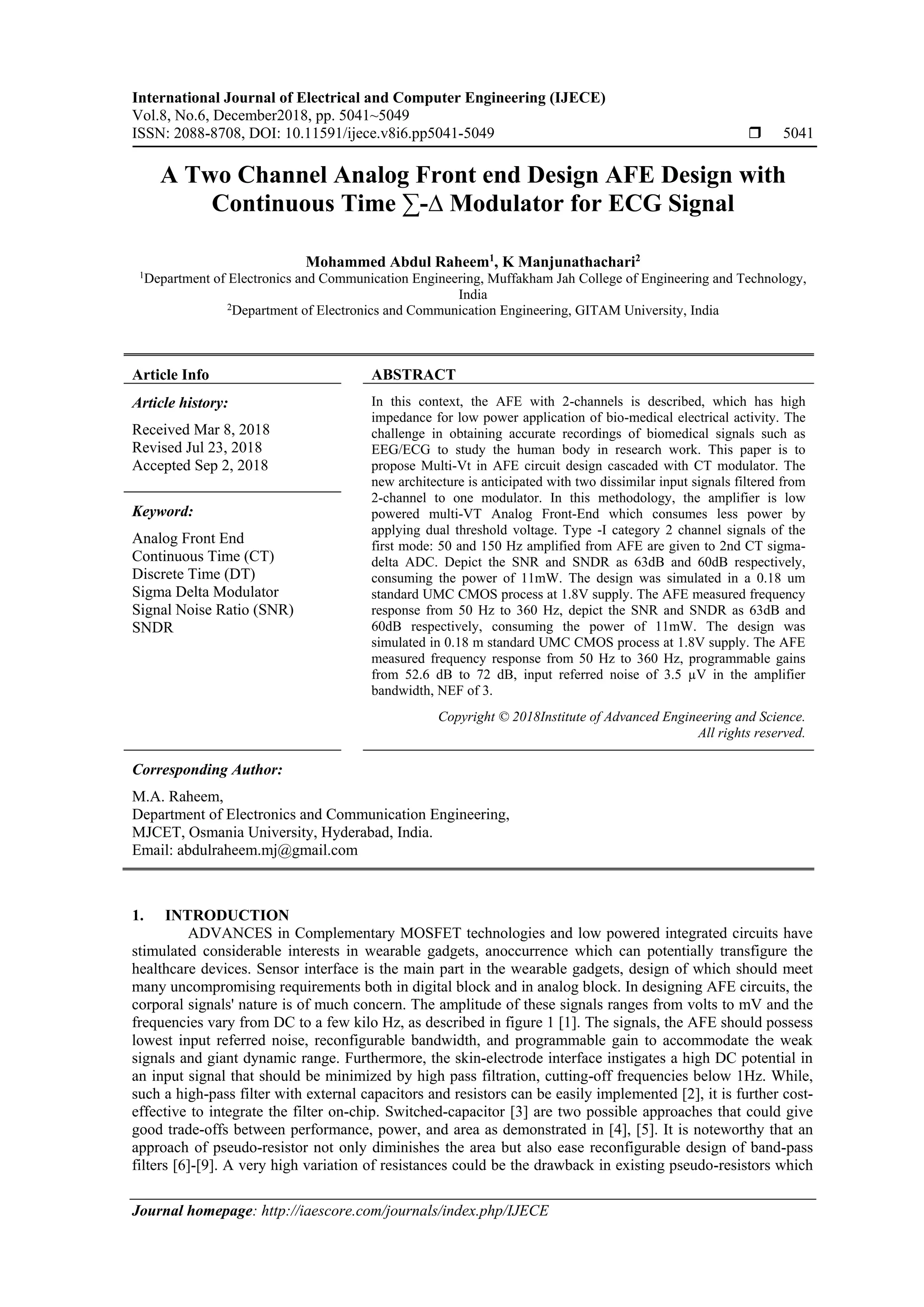 A Two Channel Analog Front end Design AFE Design with Continuous Time ∑-∆ Modulator for ECG ...