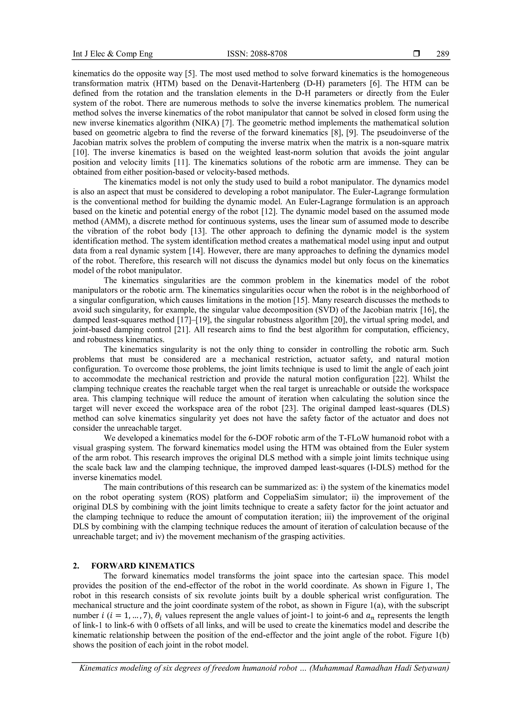 Kinematics modeling of six degrees of freedom humanoid robot arm using improved damped least ...