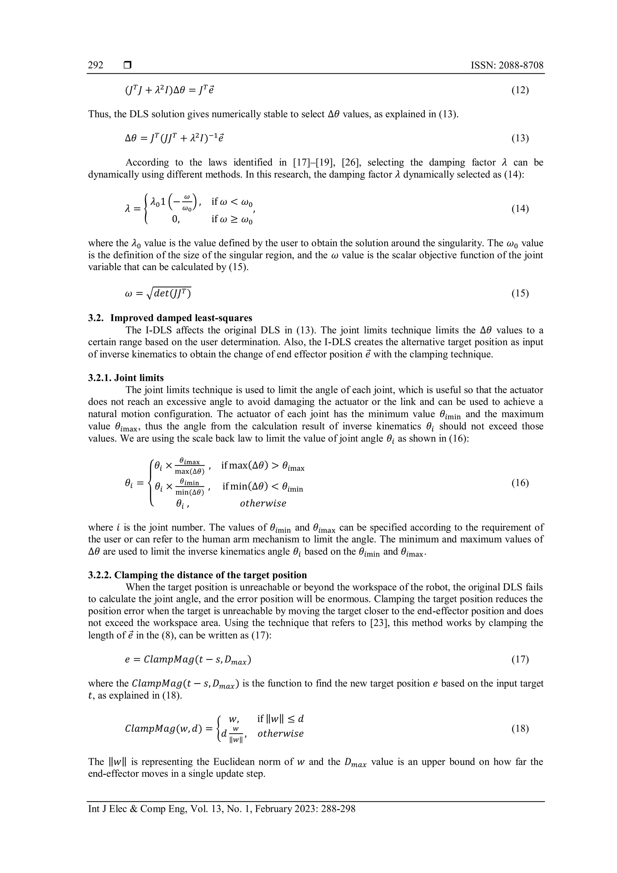 Kinematics modeling of six degrees of freedom humanoid robot arm using improved damped least ...