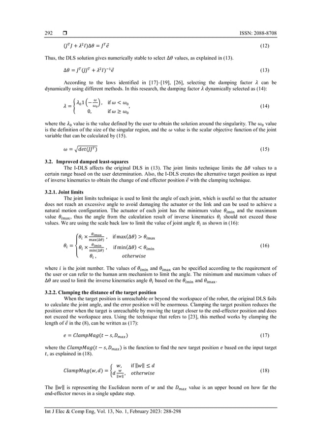 Kinematics modeling of six degrees of freedom humanoid robot arm using improved damped least ...