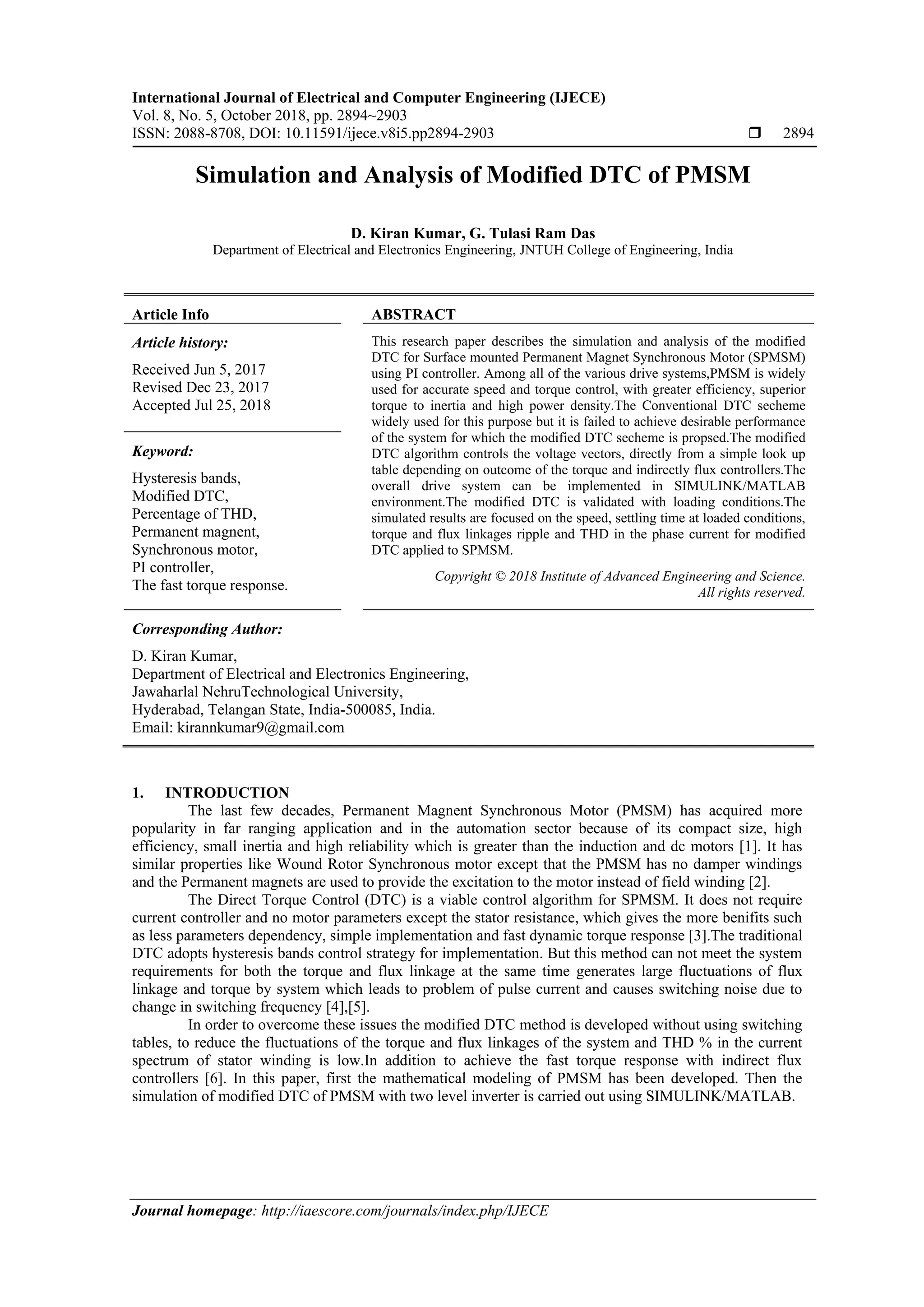 Simulation and Analysis of Modified DTC of PMSM | PDF