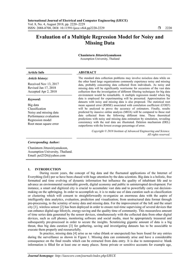 Evaluation of a Multiple Regression Model for Noisy and Missing Data | PDF