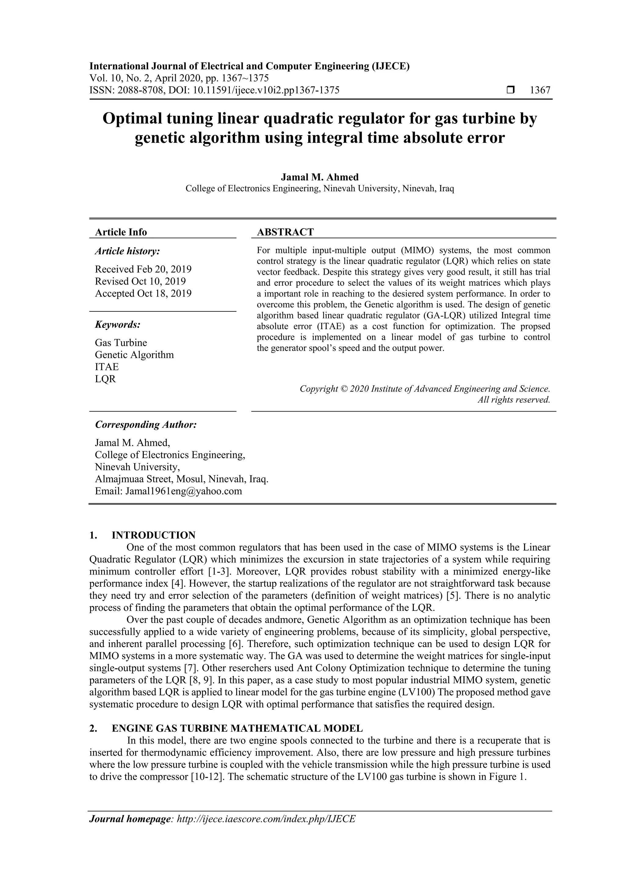 Optimal Tuning Linear Quadratic Regulator For Gas Turbine By Genetic Algorithm Using Integral