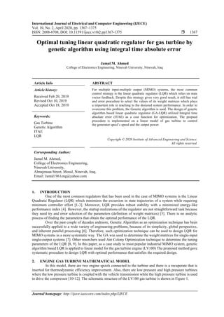 Optimal tuning linear quadratic regulator for gas turbine by genetic algorithm using integral ...