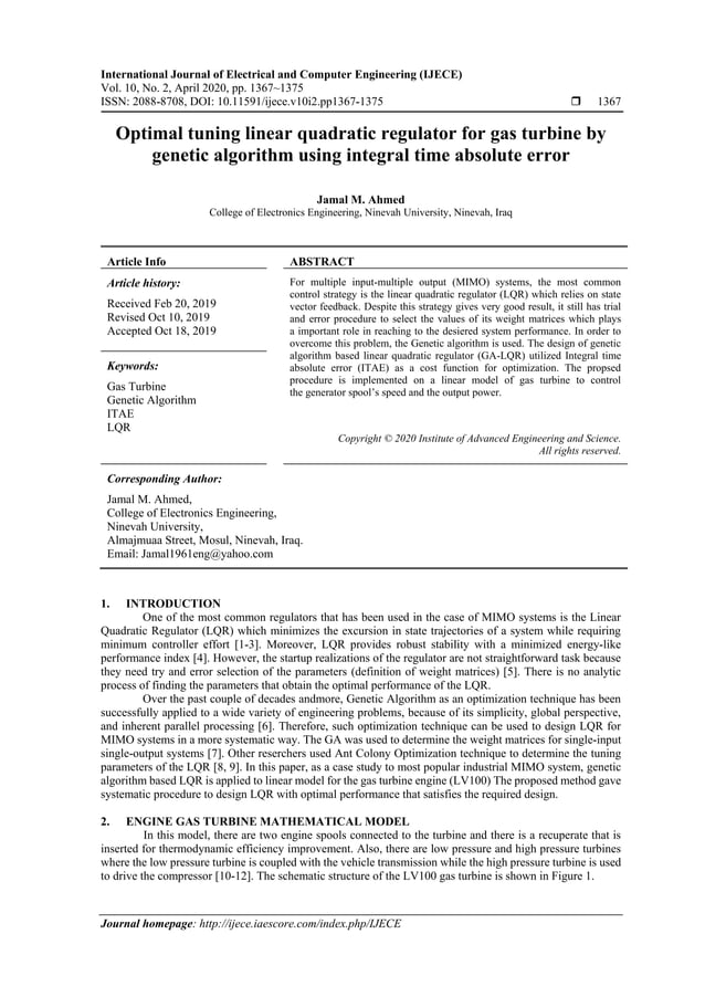 Optimal tuning linear quadratic regulator for gas turbine by genetic algorithm using integral ...