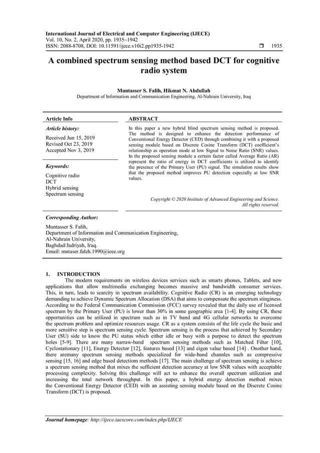 A combined spectrum sensing method based DCT for cognitive radio system ...