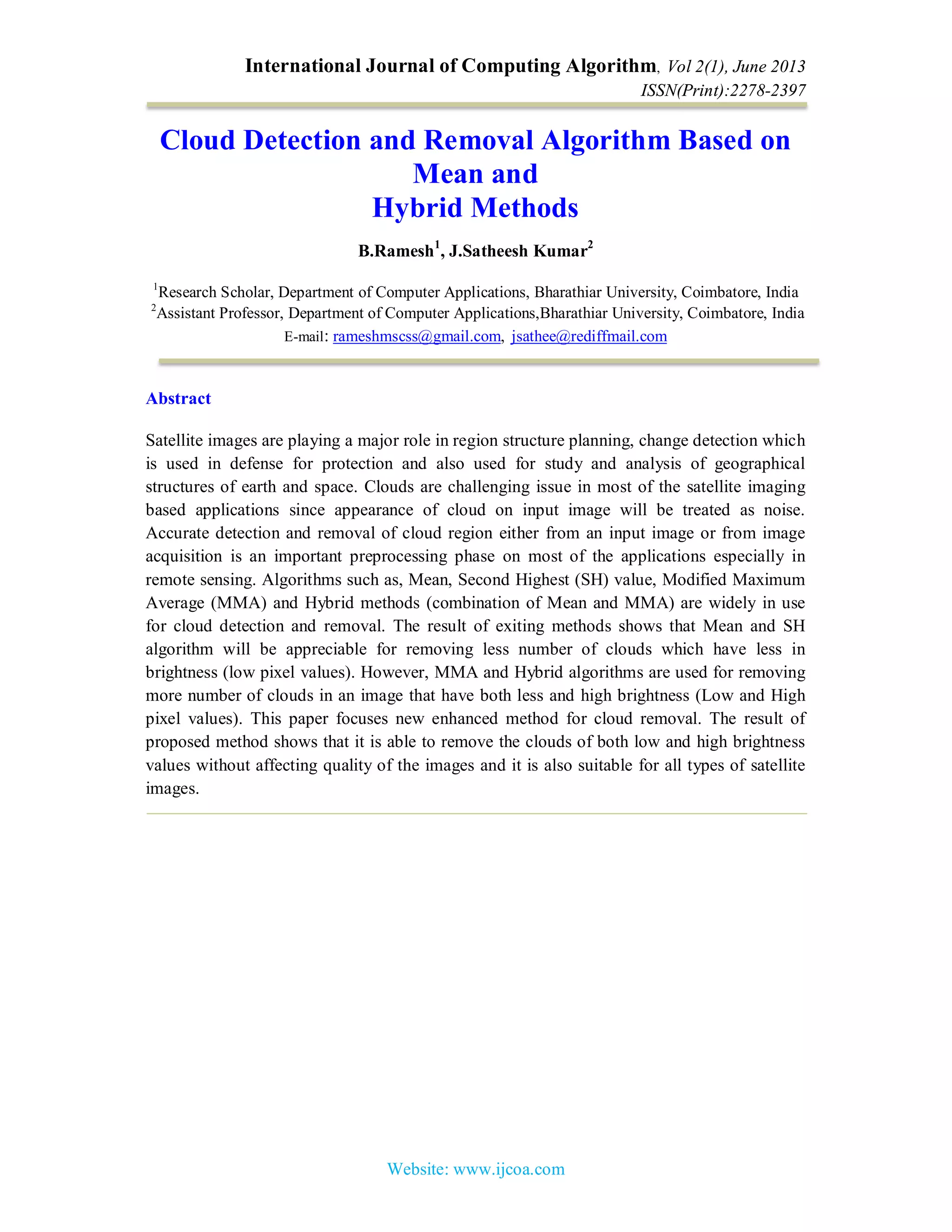 Cloud Detection And Removal Algorithm Based On Mean And Hybrid Methods Pdf