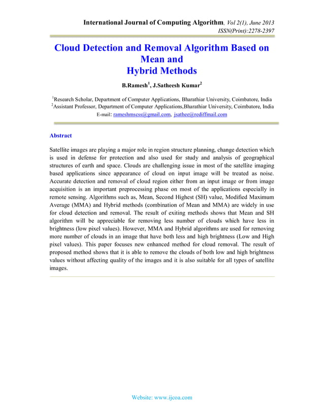 Cloud Detection And Removal Algorithm Based On Mean And Hybrid Methods