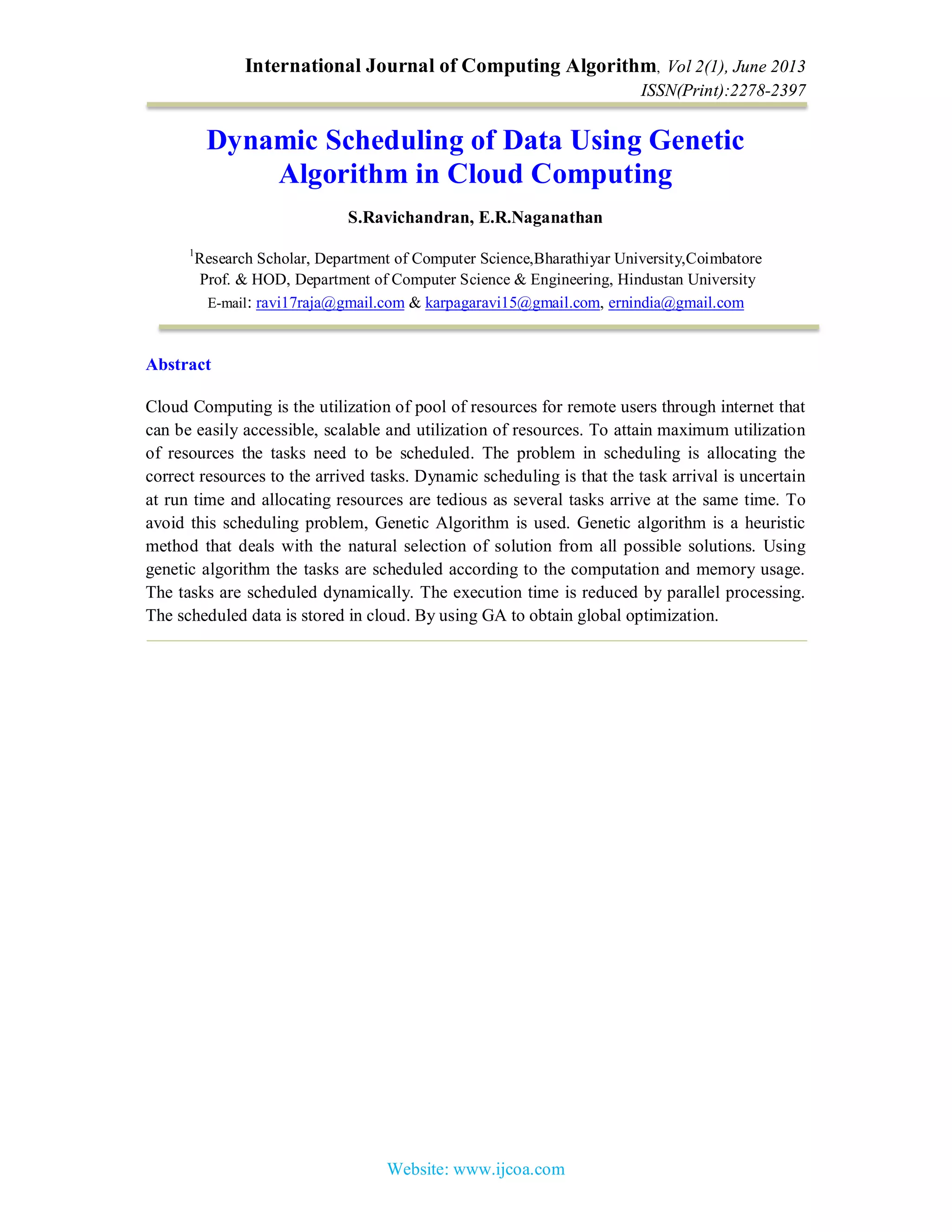 Dynamic Scheduling of Data Using Genetic Algorithm in Cloud Computing | PDF