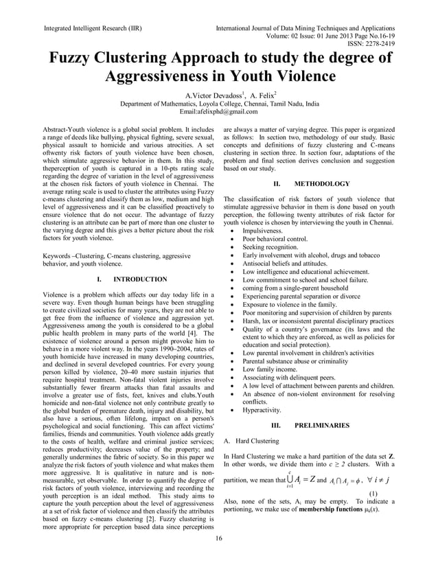 Fuzzy Clustering Approach to study the degree of Aggressiveness in Youth Violence | PDF