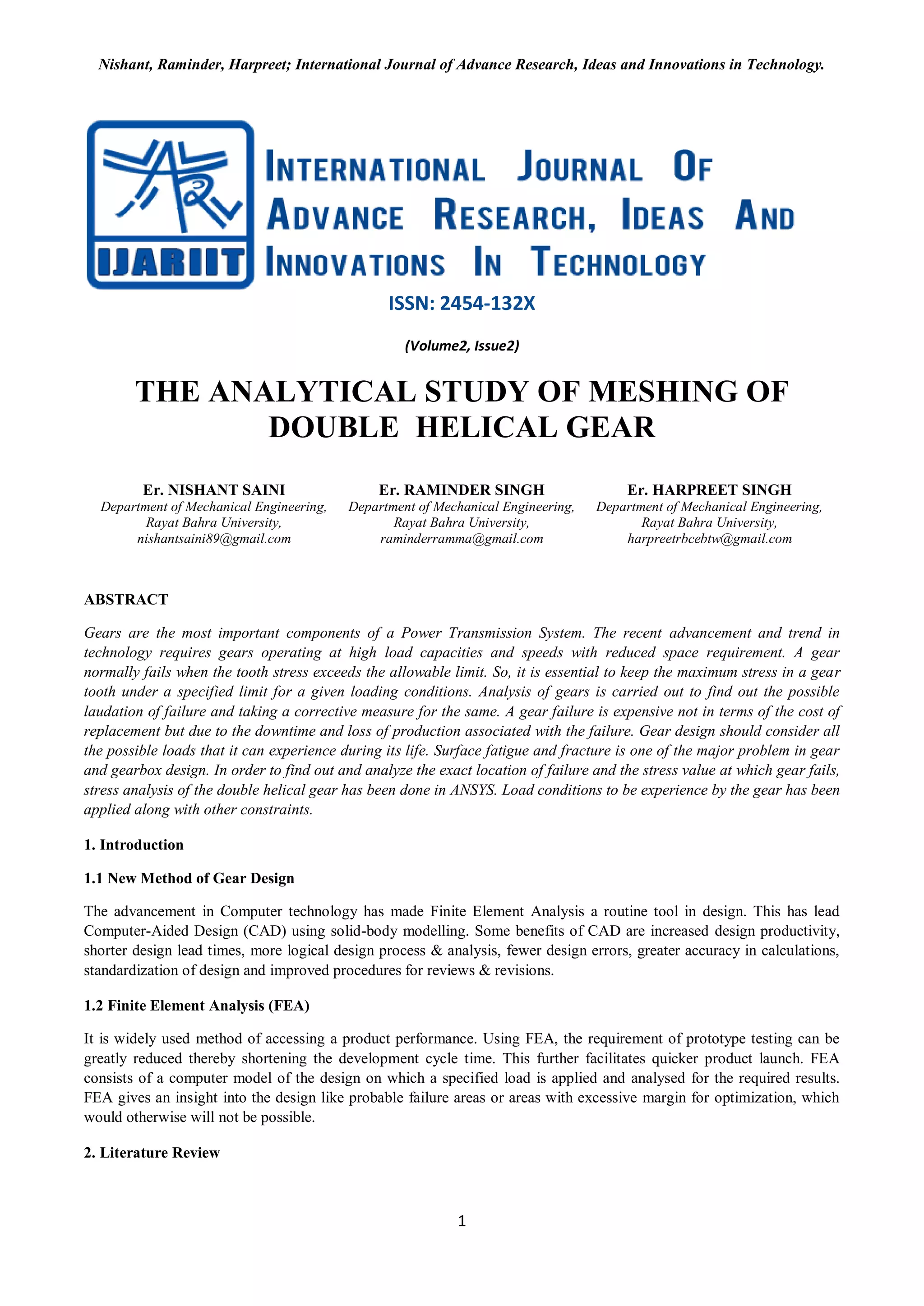 THE ANALYTICAL STUDY OF MESHING OF DOUBLE HELICAL GEAR | PDF